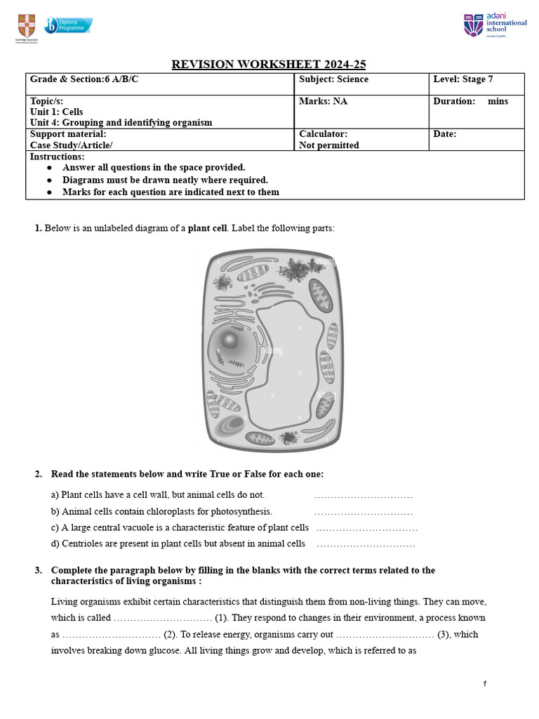 Science G6 Revision Worksheet 2 | PDF | Plants | Cell (Biology)