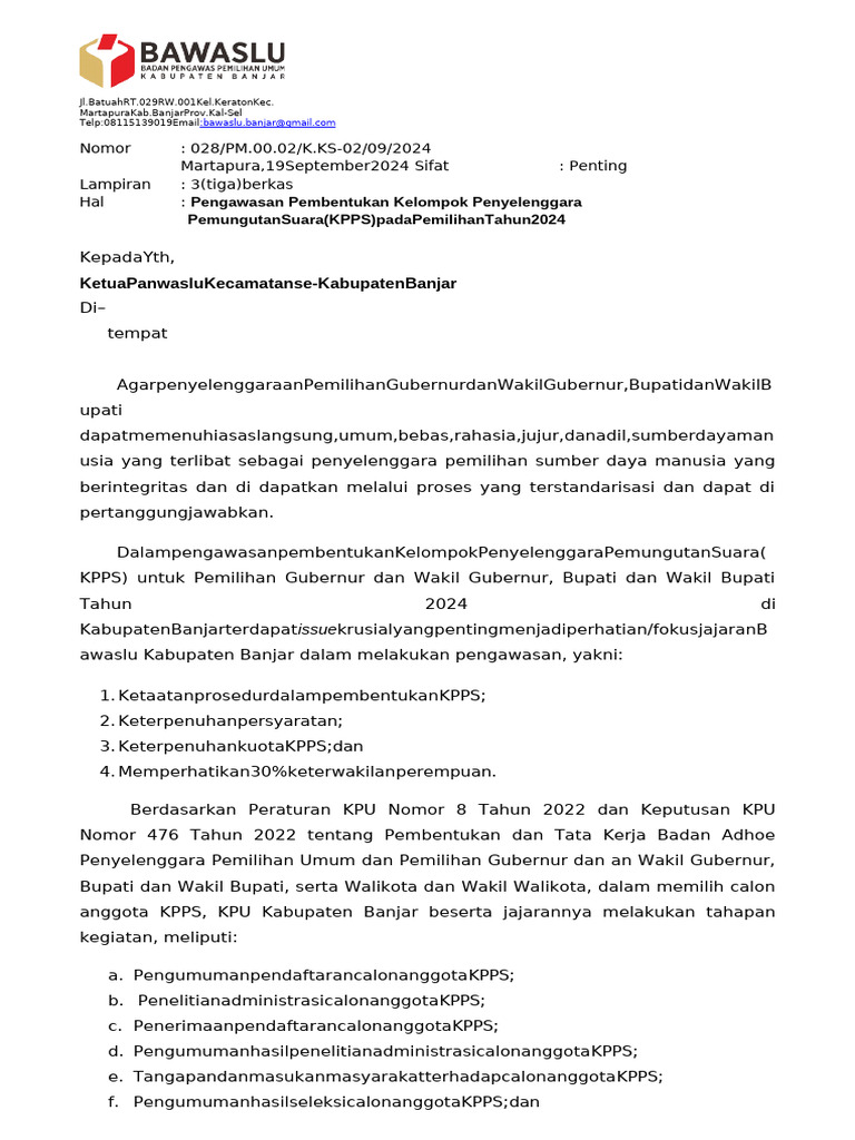 Instruksi Pengawasan Pembentukan KPPS Pilkada 2024 Okk | PDF