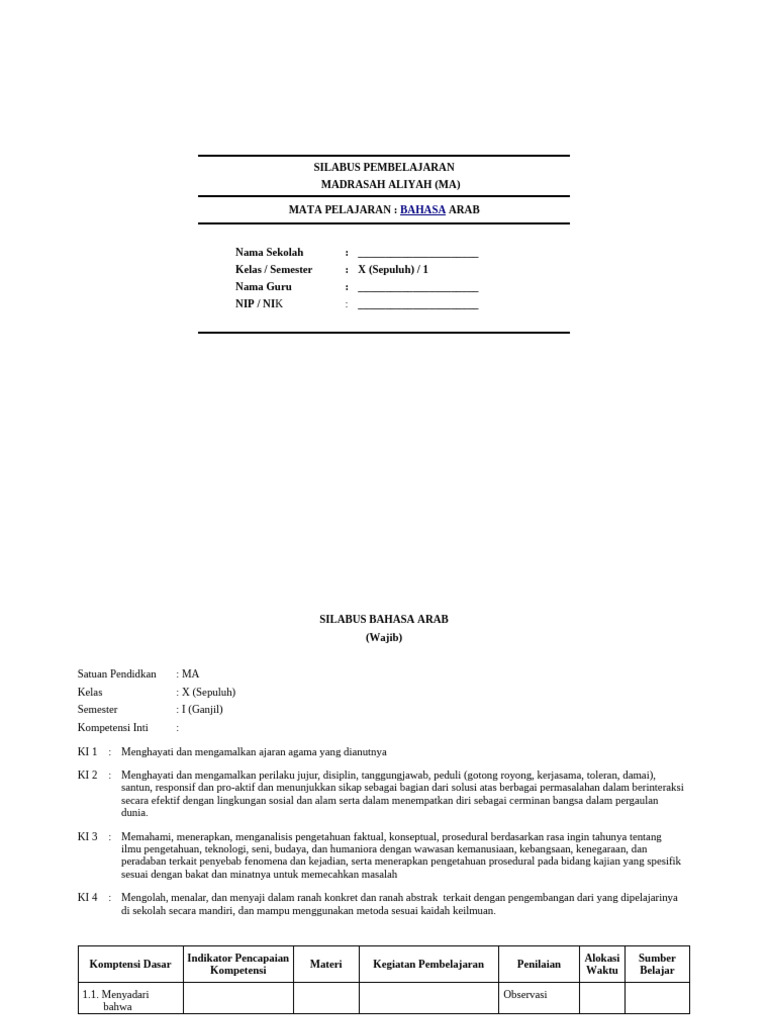 Silabus Arab 10 Ma | PDF