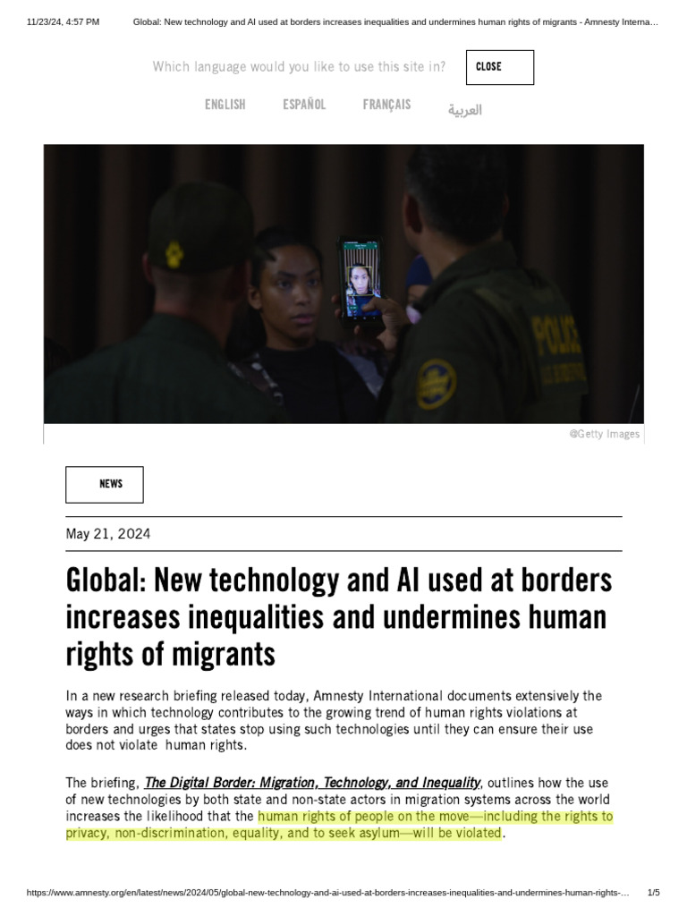 Global - New Technology and AI Used at Borders Increases Inequalities and Undermines Human ...