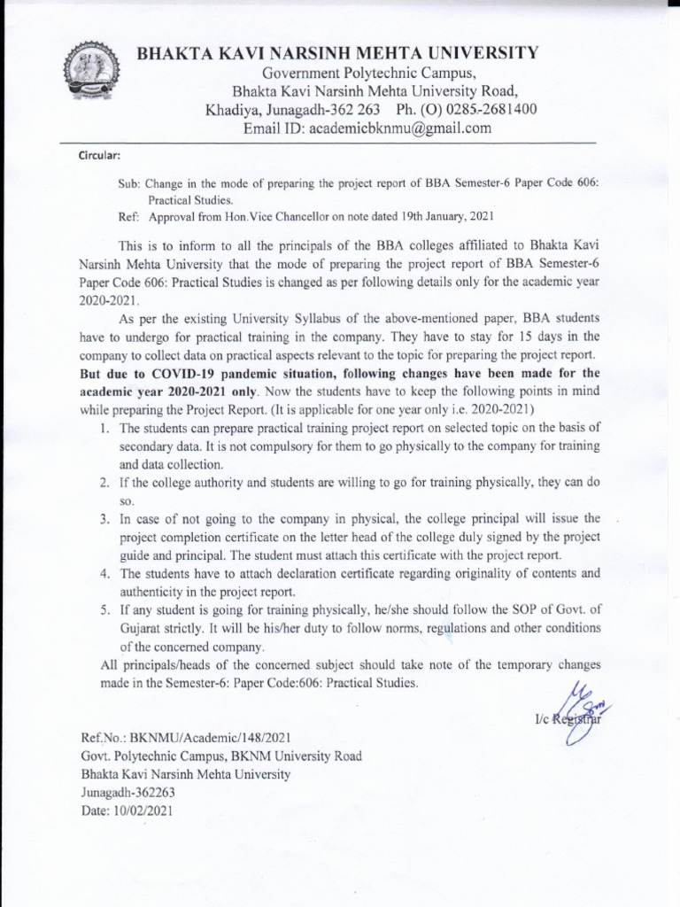 BBA-Sem-VI_Change in the Mode of Preparing the Project Report_2020 | PDF