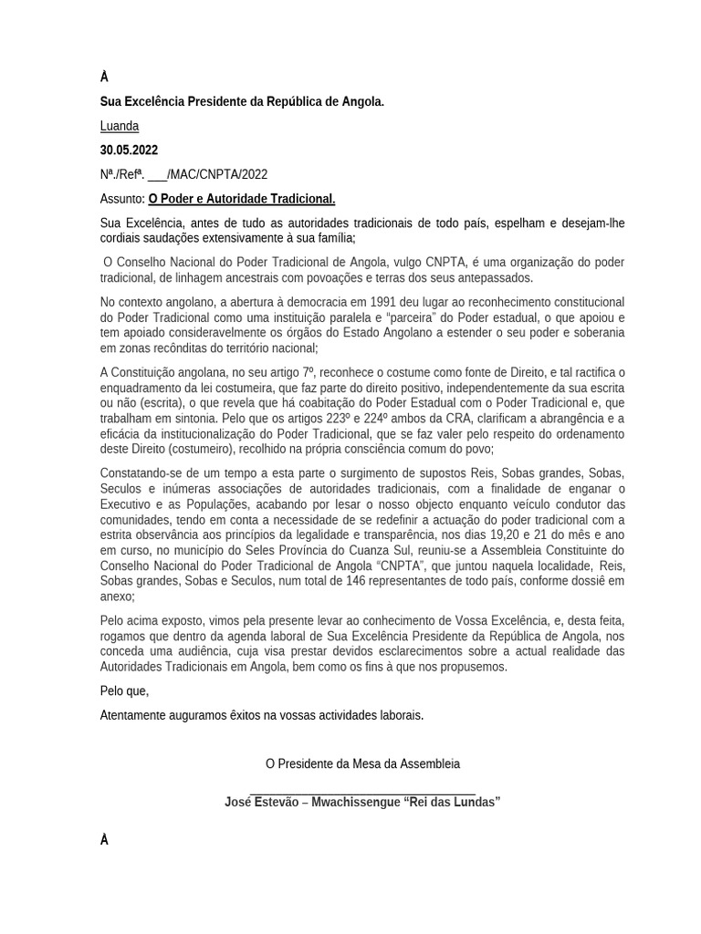 Poder e Autoridade Tradicional em Angola | PDF | Angola | Constituição