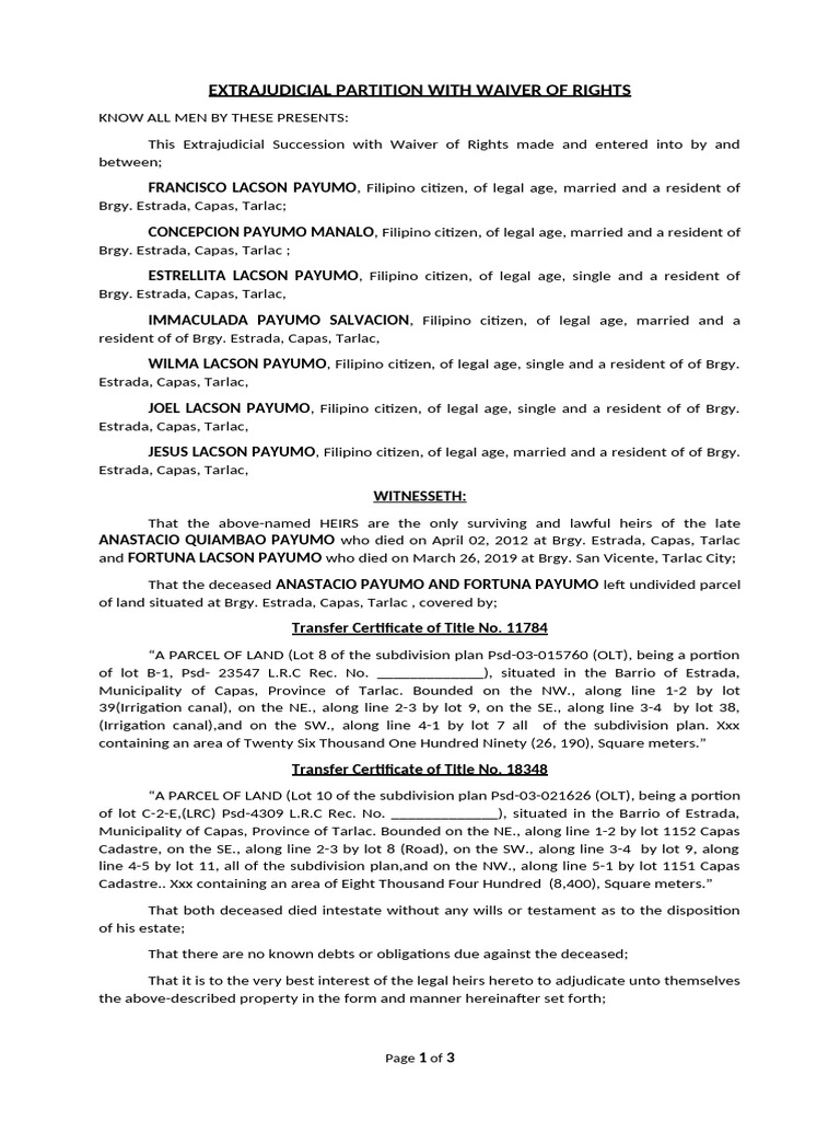 EXTRAJUDICIAL-PARTITION-WITH-WAIVER-OF-RIGHTS-papa | PDF | Justice ...