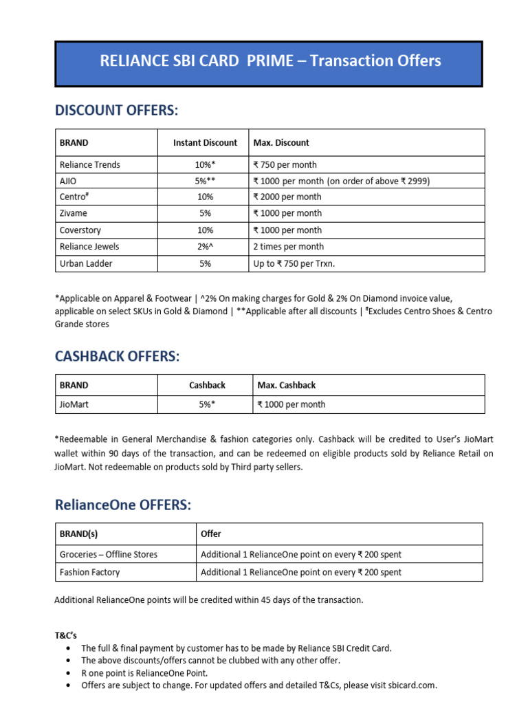 Reliance SBI Prime Card Offers | PDF