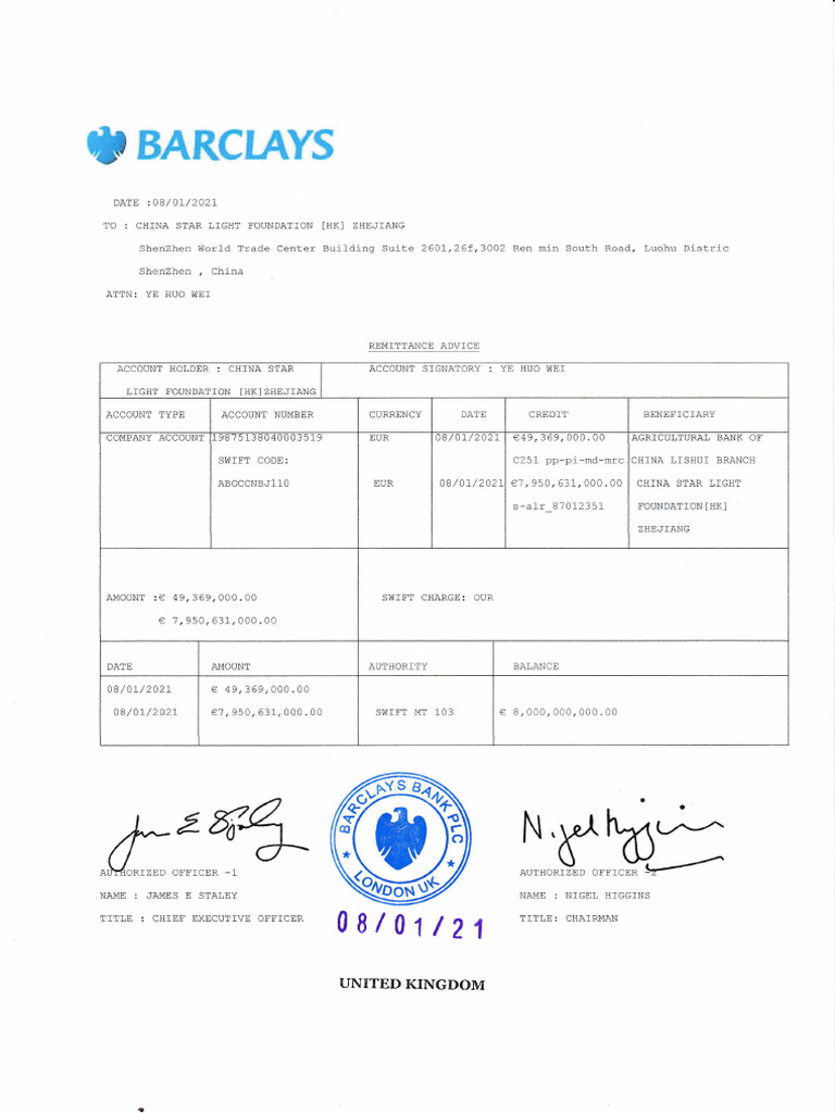 Remittance Advice Barclays Bank-1 | PDF