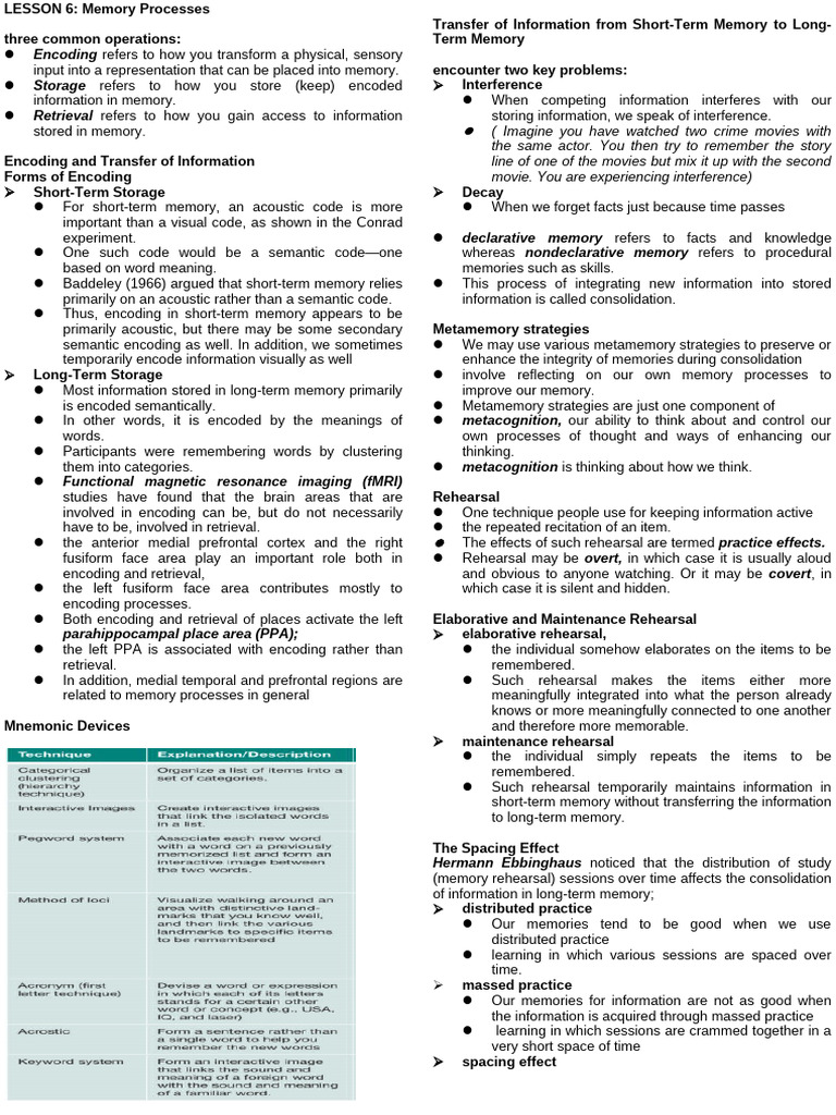 Lesson 6 Memory Processes. | PDF | Memory | Recall (Memory)