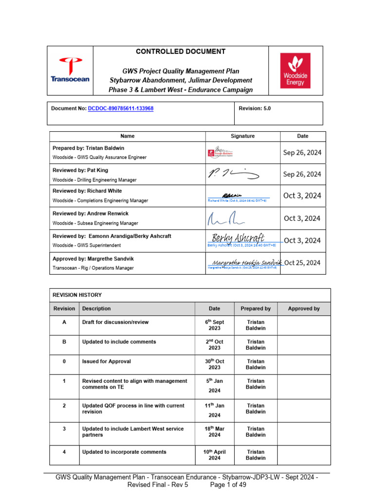 GWS Quality Plan: Transocean Endurance | PDF | Quality Assurance ...