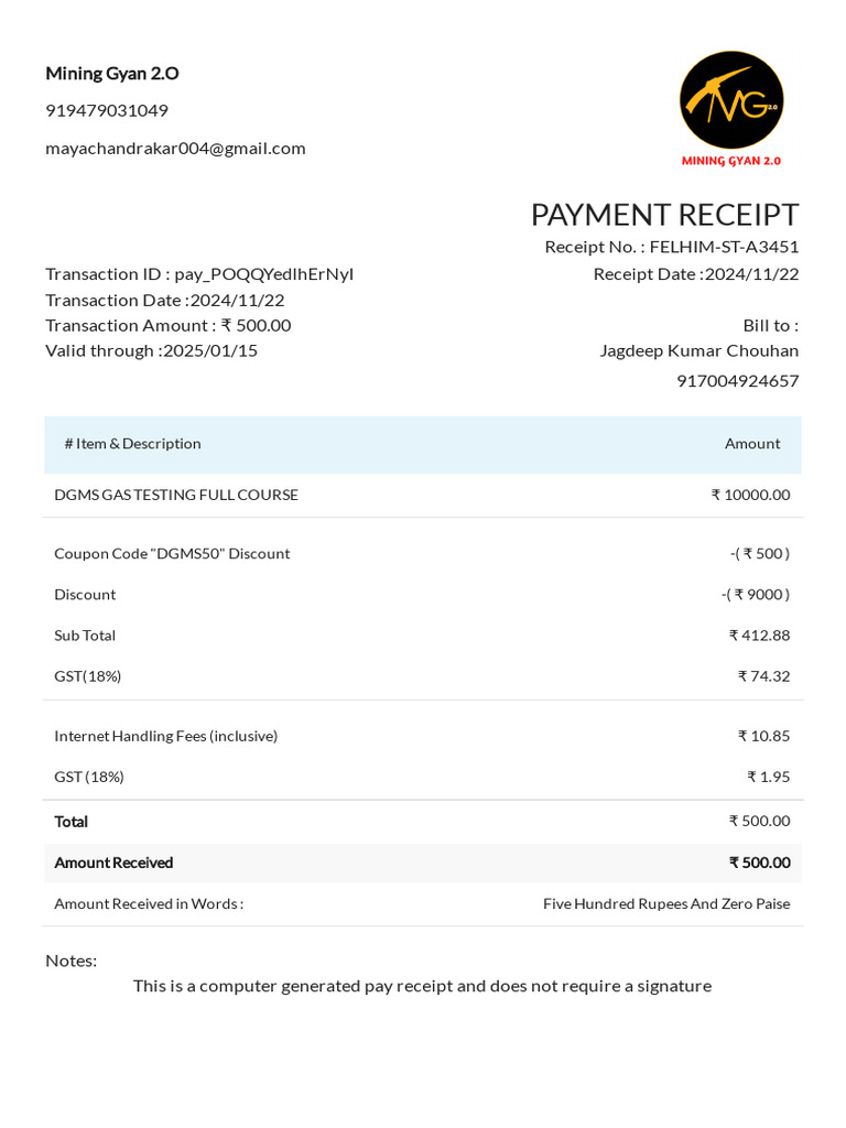 DGMS Gas Testing Course Payment Receipt | PDF