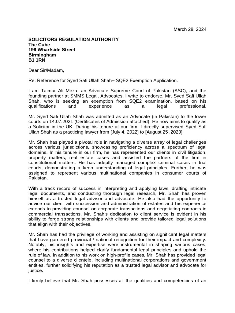 SQE2 Exemption Reference for Syed Shah | PDF | Advocate | Solicitor