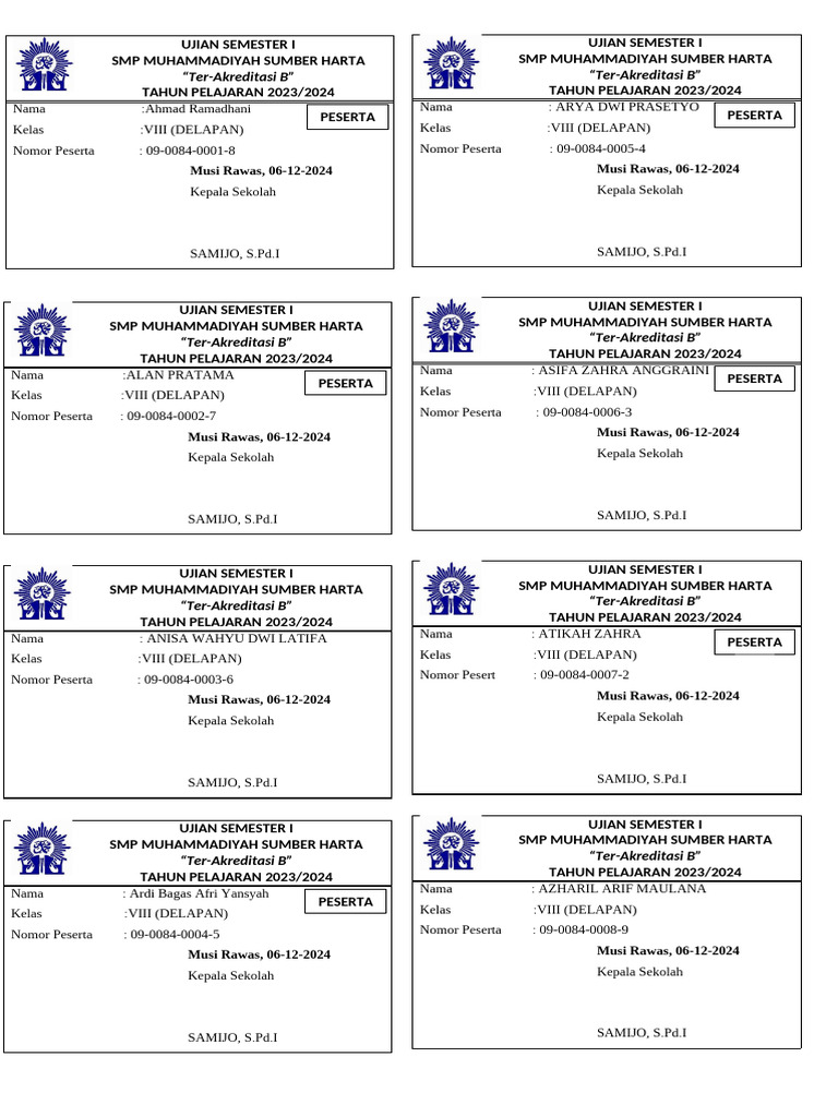 No Ujian Kelas 8 SMT 1 2024 | PDF