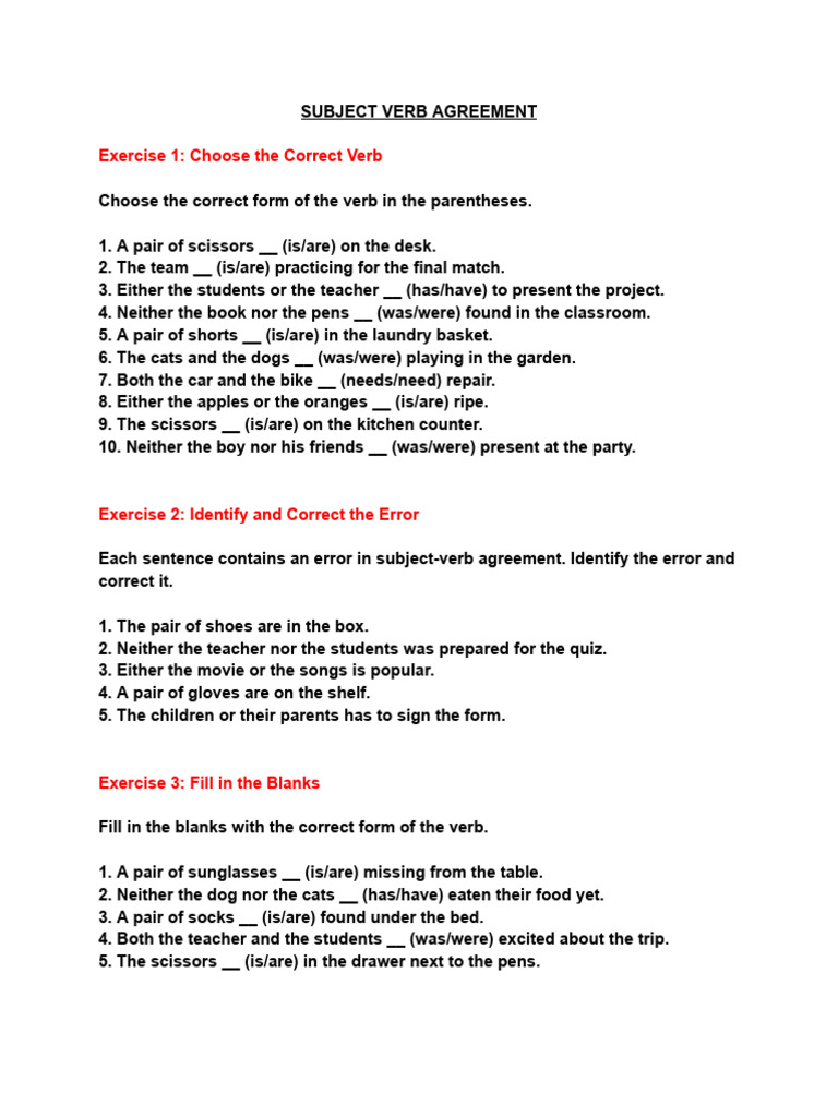 Subject-Verb Agreement Exercises | PDF | Plural | Grammatical Number