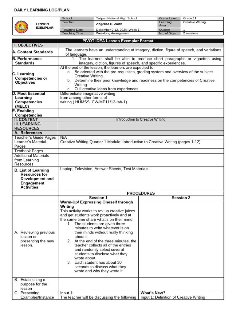 CW Q1 DLL-WEEK 1 | PDF | Reading Comprehension | Cognition