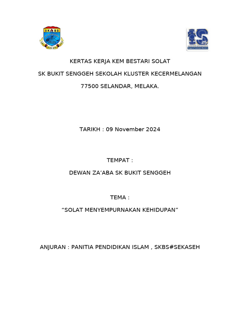 Kertas Kerja Kem Bestari Solat SKBS 2024-1 | PDF