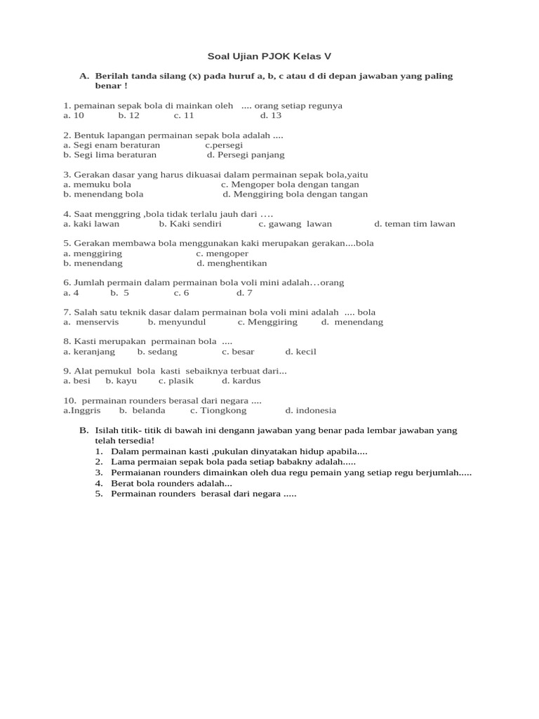 Soal Ujian PJOK Kelas IV | PDF