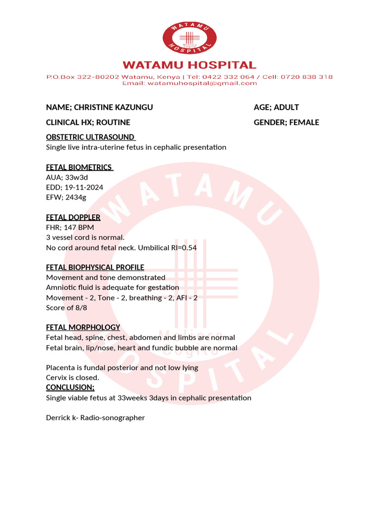 33-Week Obstetric Ultrasound Report | PDF