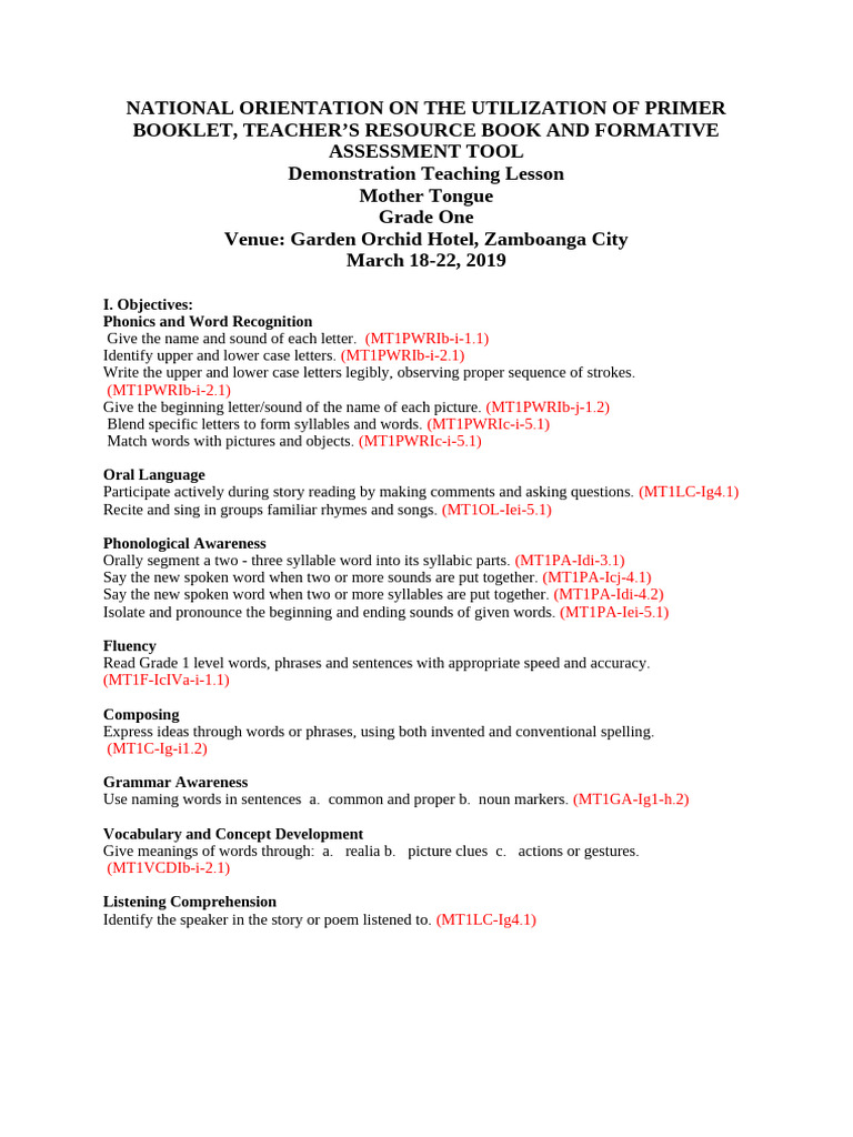 Demonstration National Lesson Plan On Explicit Teaching in MTB MLE ...