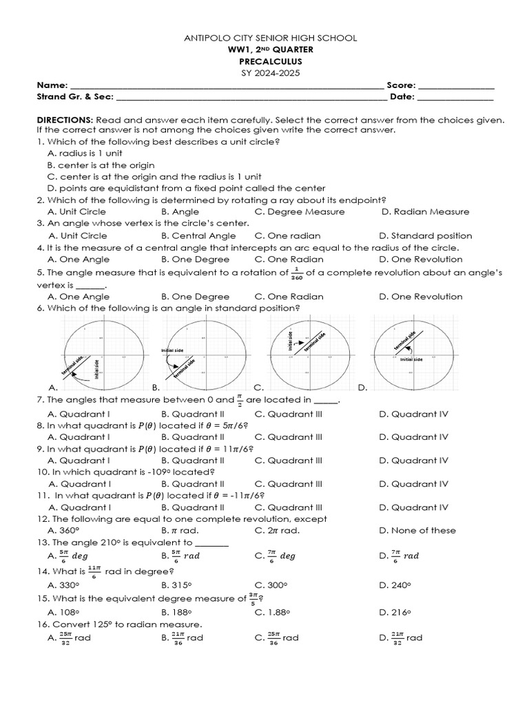 Precalculus Quiz: Unit Circle & Angles | PDF | Angle | Geometric ...