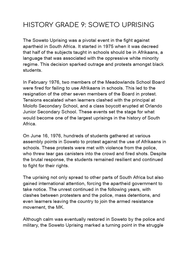 History Grade 9 Soweto Uprising | PDF