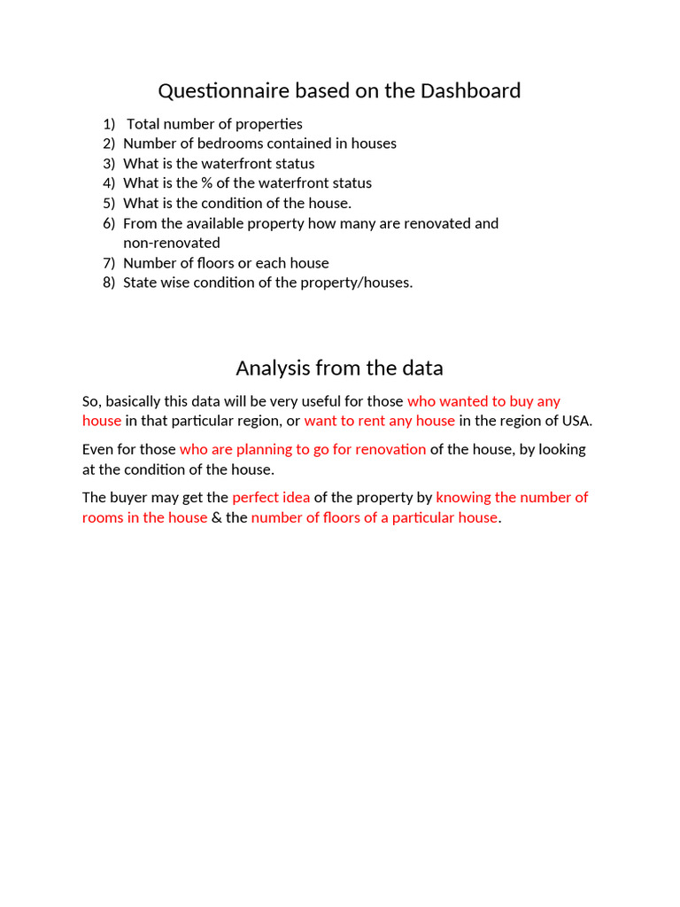 Questionnaire Based On The Dashboard | PDF