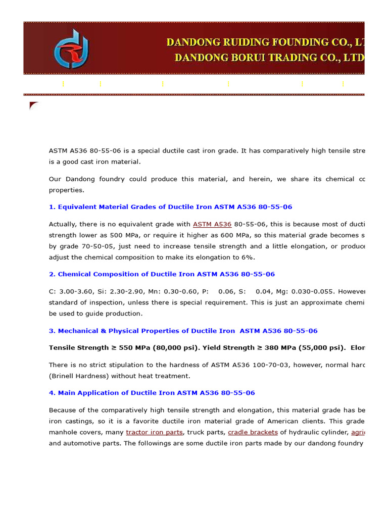 ASTM A536 80-55-06 Ductile Iron, SG Iron Chemical Composition, Mechanical and Physical ...
