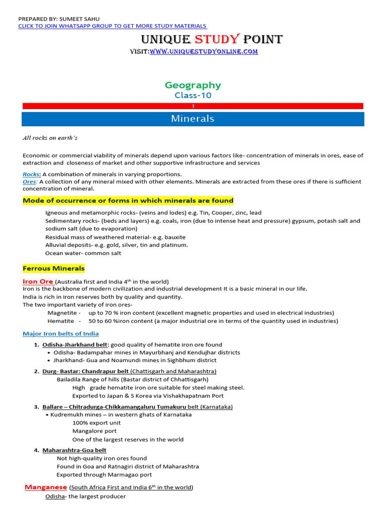 Minerals and Energy Resources Class 10 Geography Notes | PDF | Nuclear ...