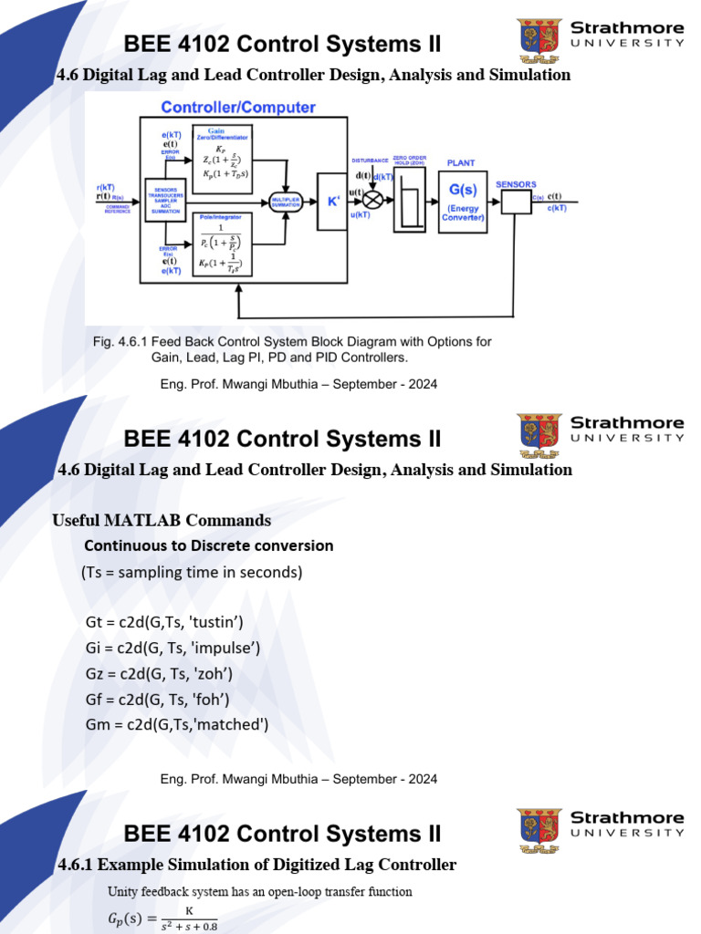 BSC EEE BEE 4102 Control Systems II Lecture 6 Digital Controllers Lag Application 2024 | PDF ...