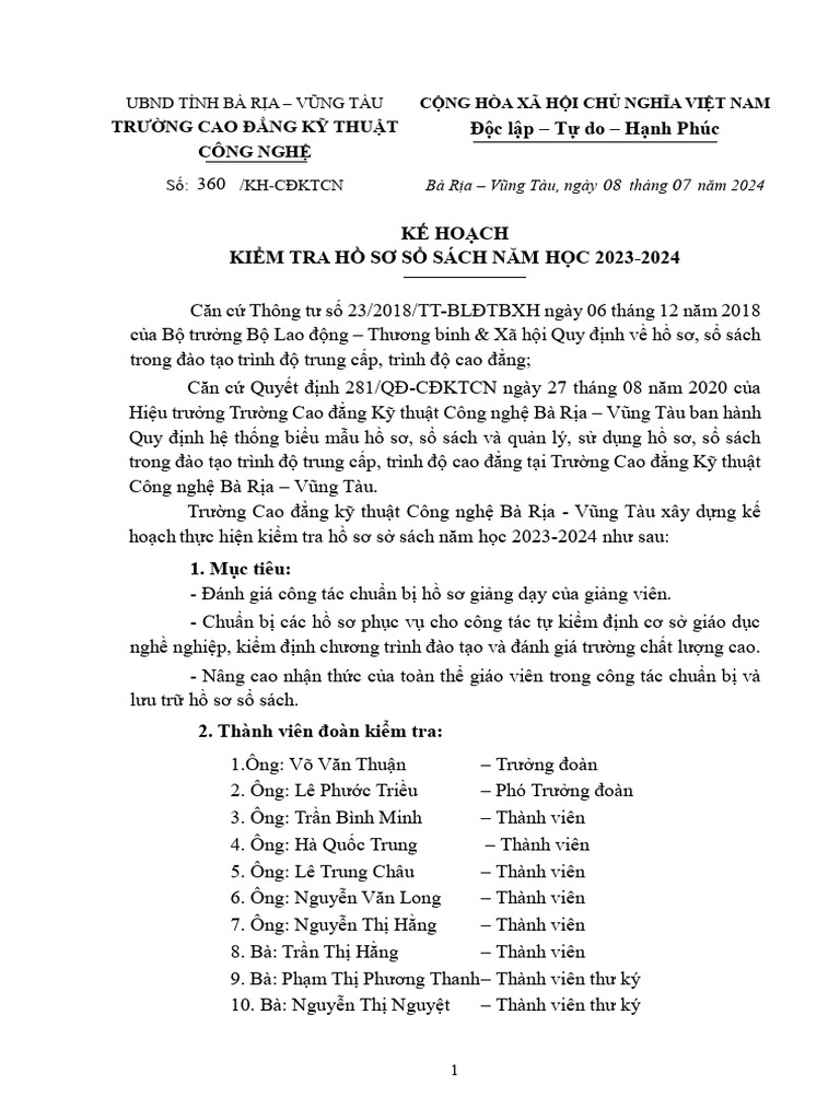 1.ke Hoach Kiem Tra Ho So So Sach 2024 | PDF