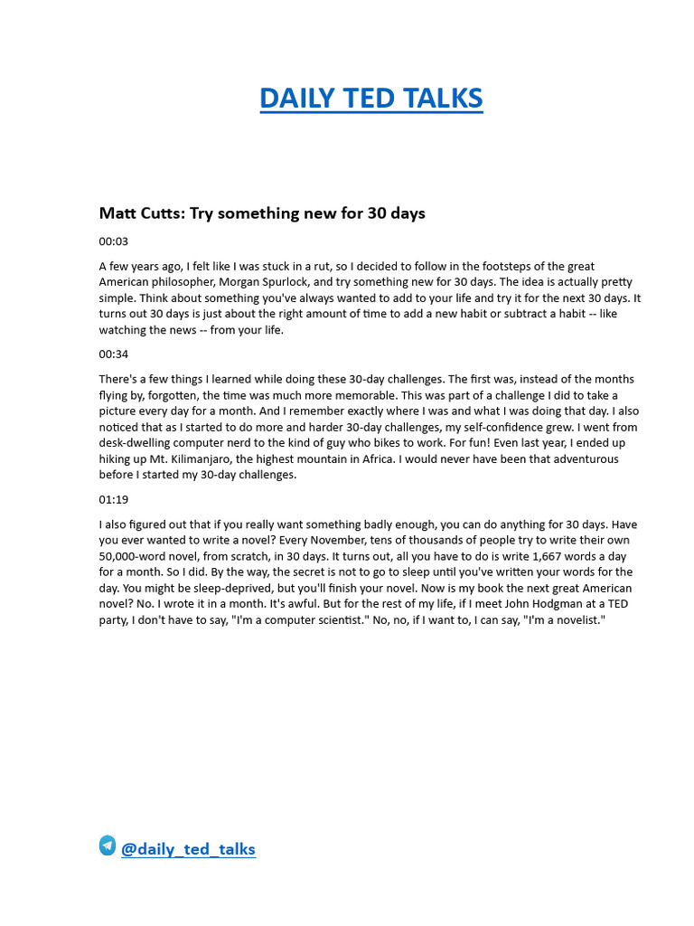 Try Something New For 30 Days. (@daily - Ted - Talks) | PDF