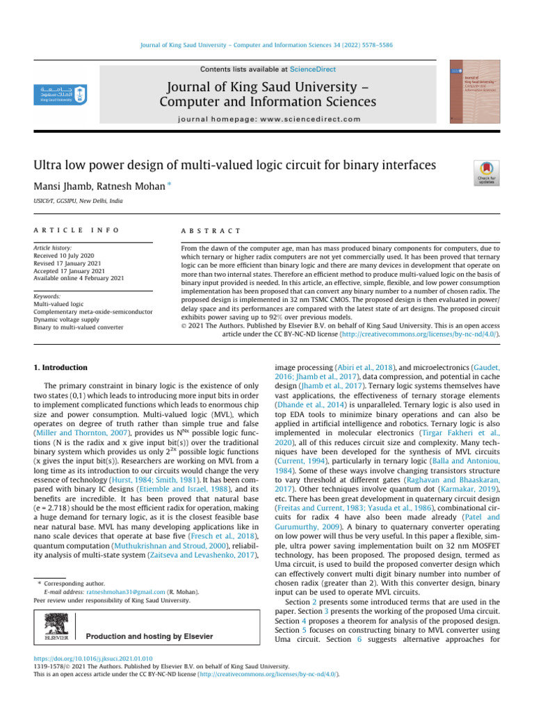Ultra Low Power Design of Multi-Valued Logic Circuit For Binary Interfaces | PDF | Logic Gate | Cmos