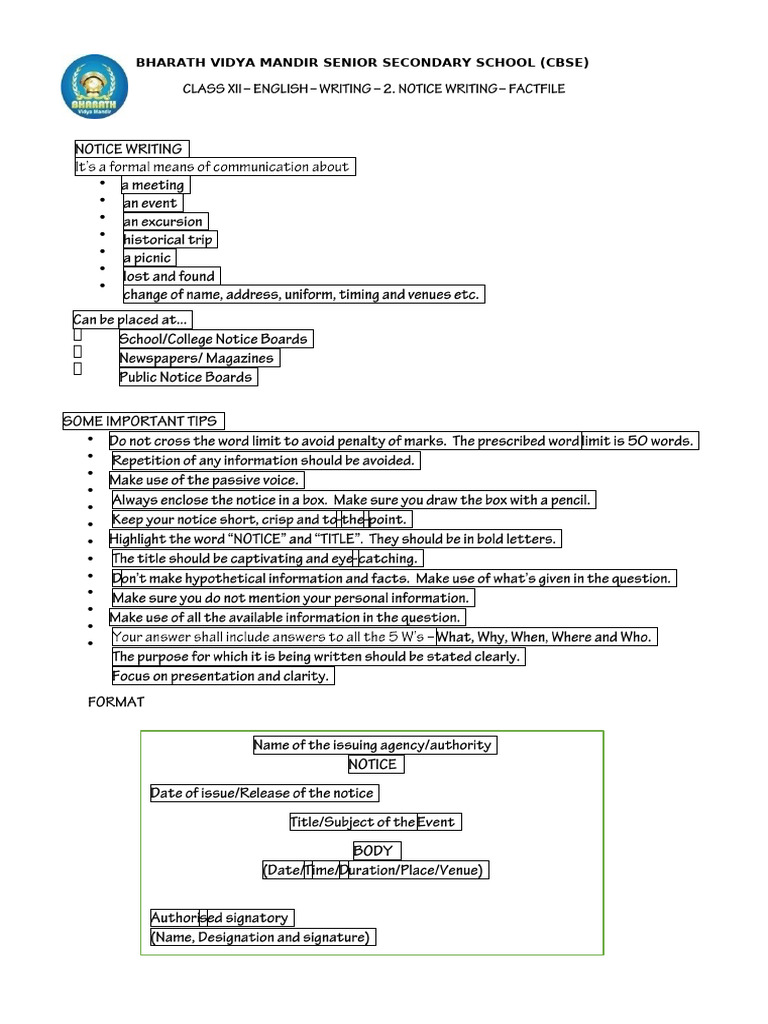 Class 12 - Writing - Notice Writing - Factfile - Done | PDF