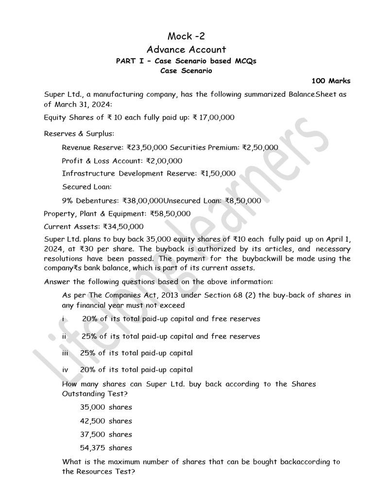 Mock 2 Question Paper | PDF | Equity (Finance) | Balance Sheet