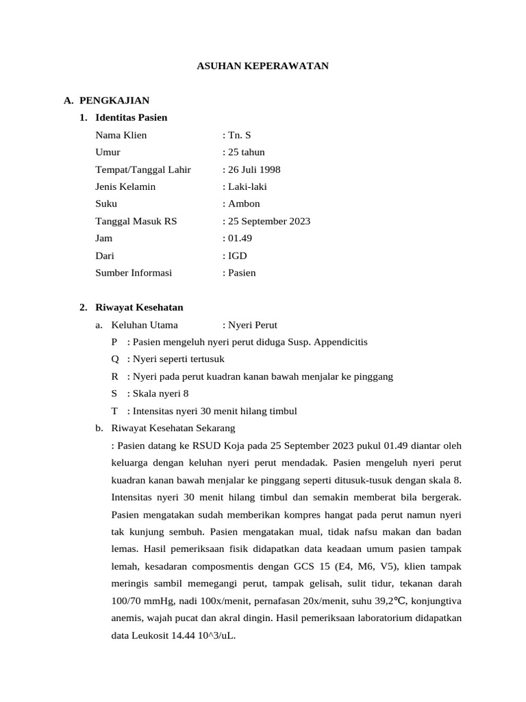 (Free Revisi 1x) Askep - Abdominal Pain Susp Appendicitis | PDF
