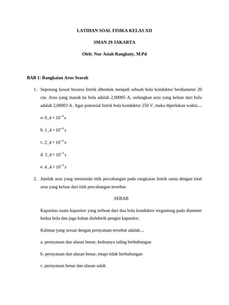 Latihan Soal Fisika Kelas Xii - Nur Asiah - Sman 29 Jakarta | PDF