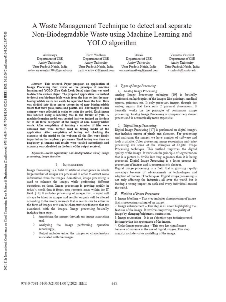 A Waste Management Technique To Detect and Separate Non-Biodegradable Waste Using Machine ...