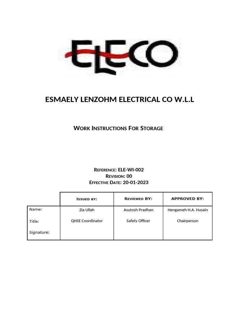 ELE-WI-002 Work Instructions For Storage Rev. 00 | PDF