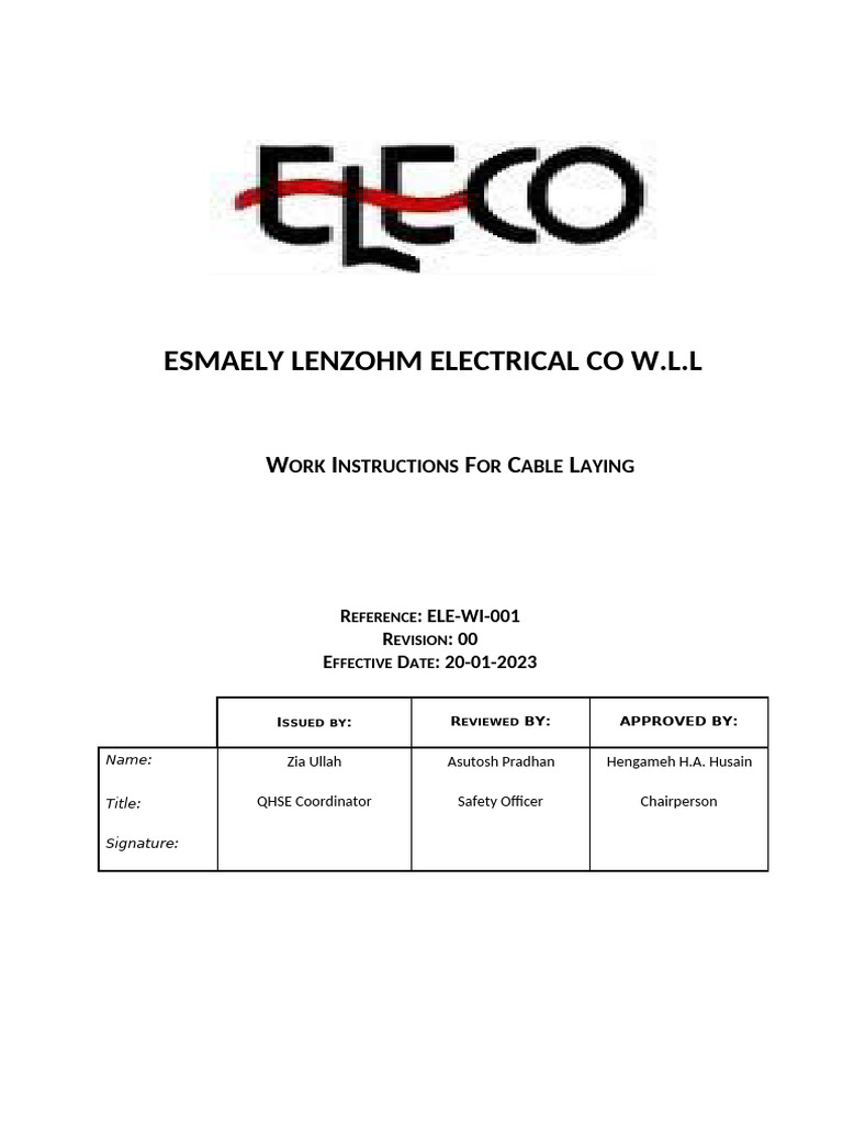 ELE-WI-001 Work Instructions For Cable Laying Rev. 00 | PDF