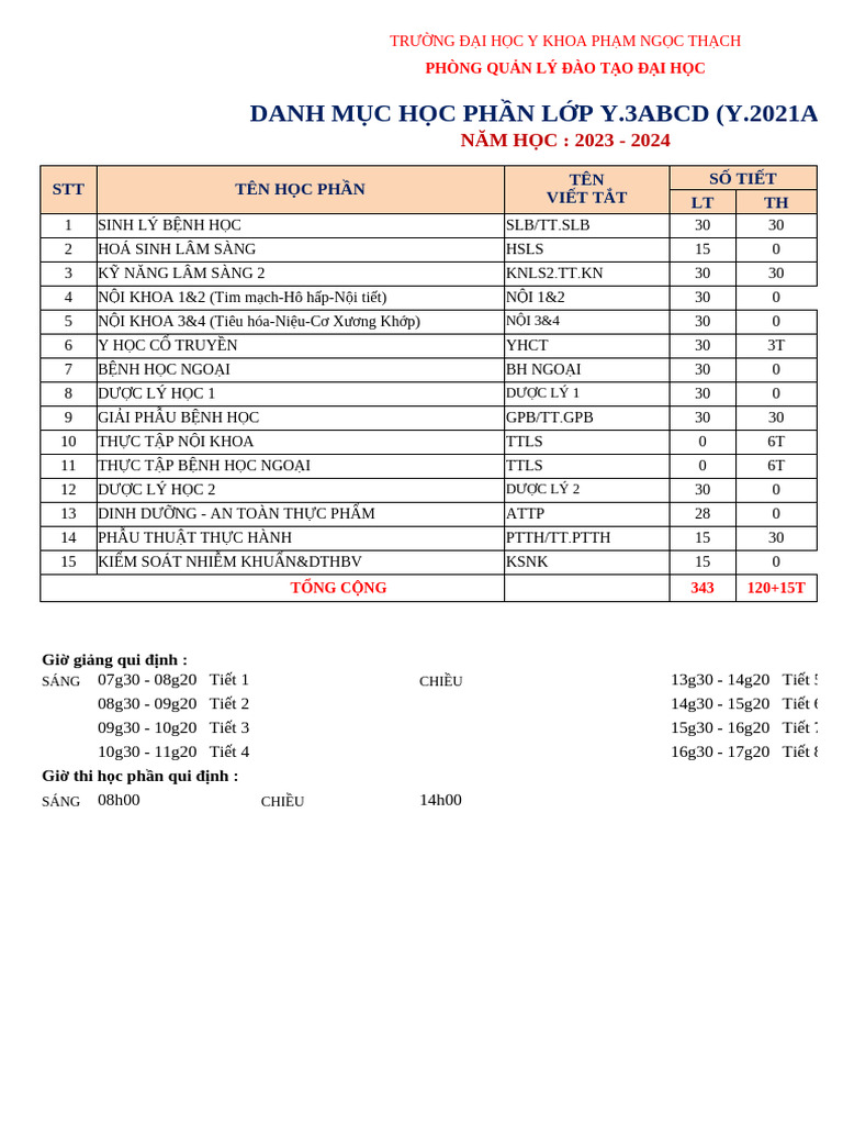 Lịch Học Y3 | PDF