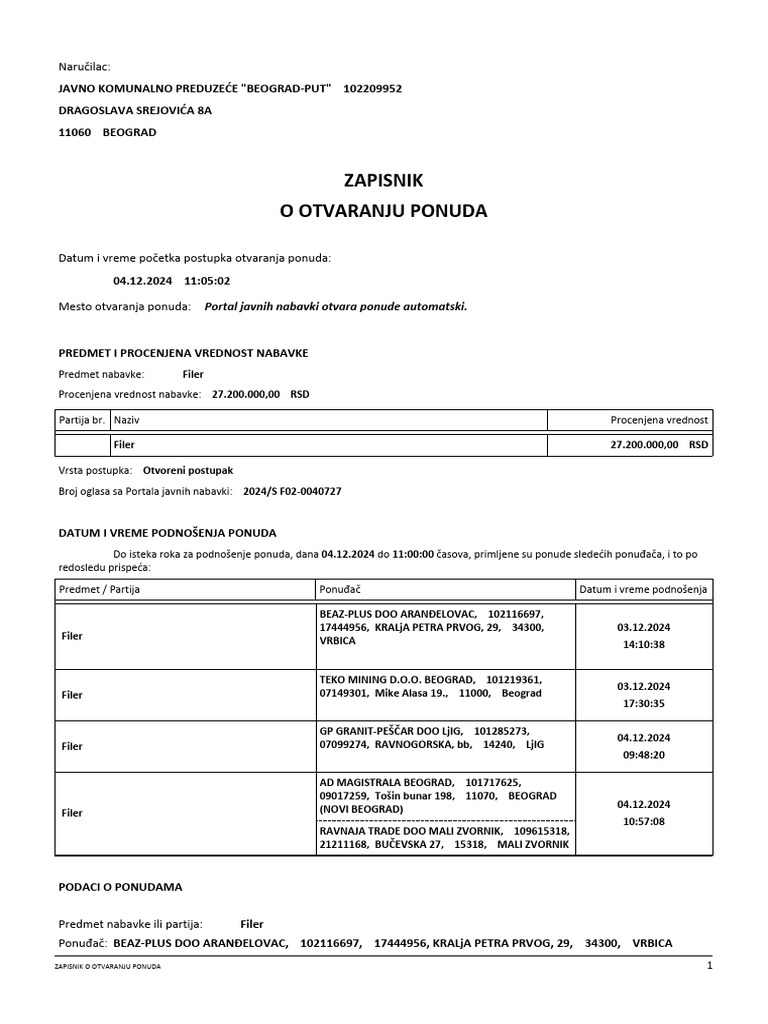 Zapisnik o Otvaranju Ponuda | PDF