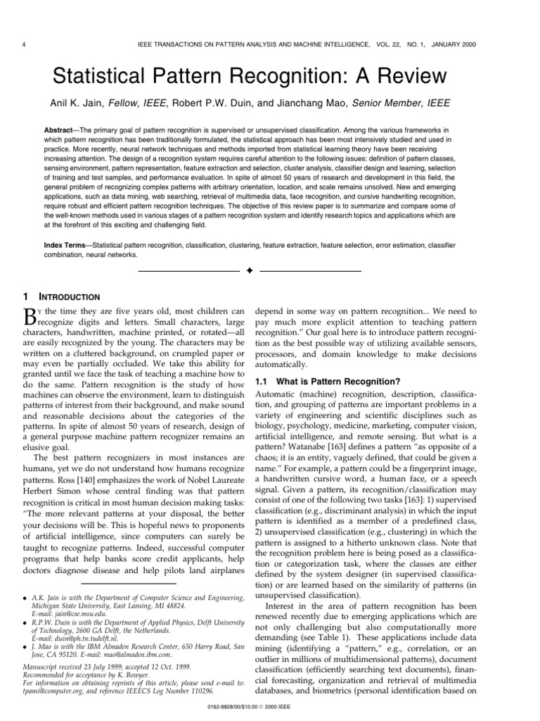 (Jain2000) Statistical Pattern Recognition A Review | PDF | Pattern Recognition | Artificial ...
