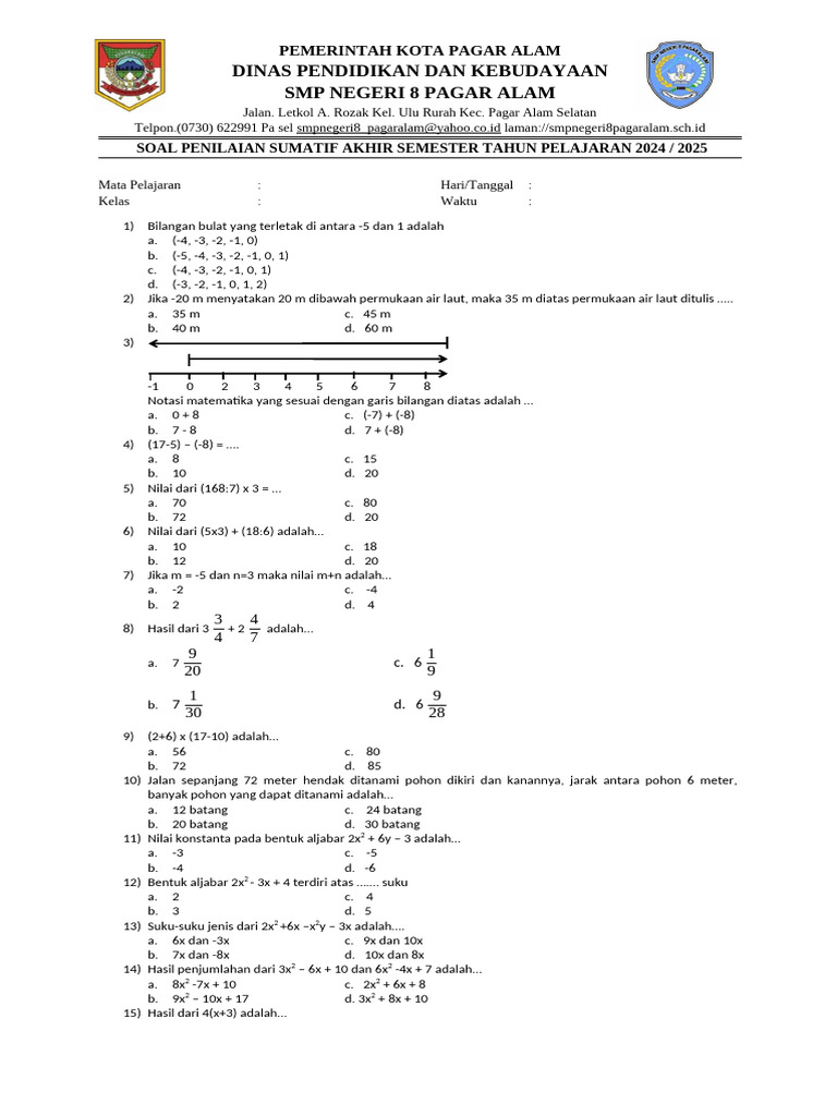Soal Penilaian Akhir Semester SMP 2024 | PDF