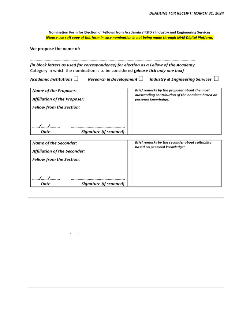 Nomination Form For Election of Fellows 2024 | PDF
