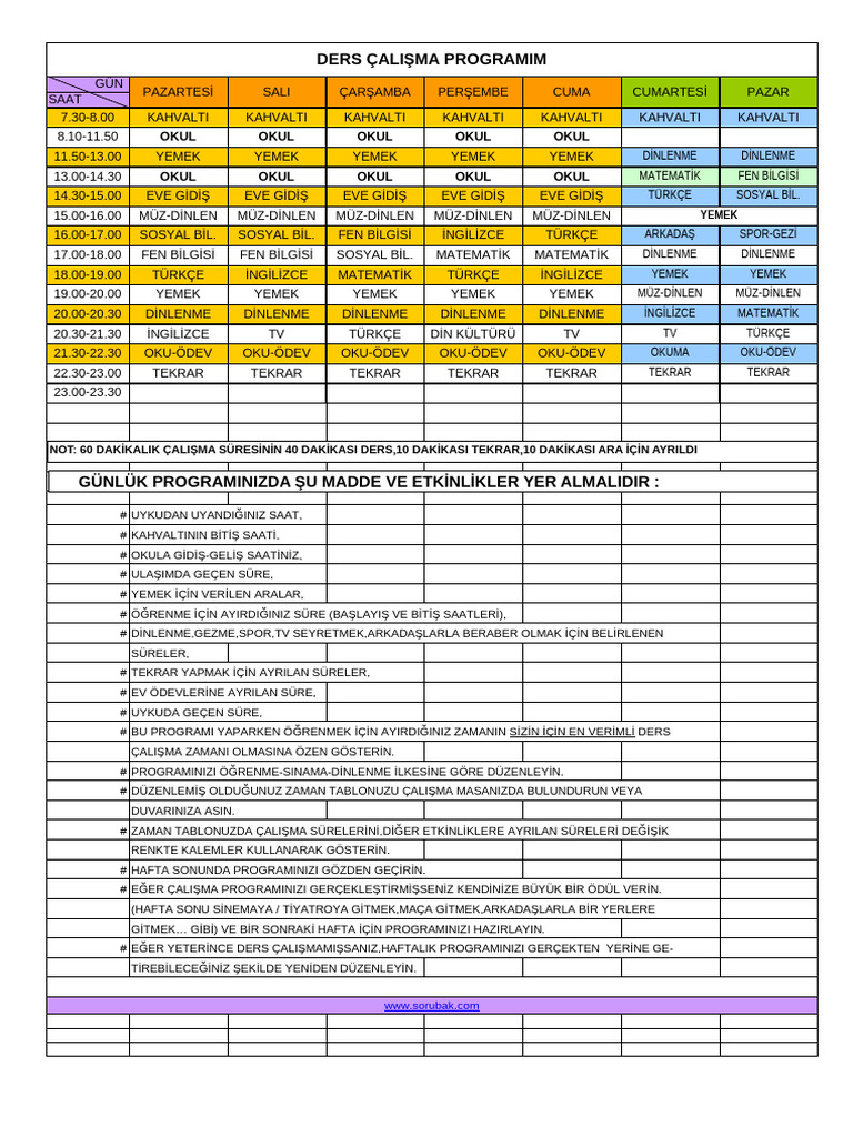 Ders Calisma Programi | PDF