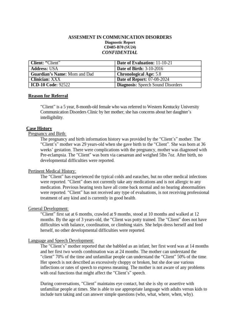 Diagnostic Report: Speech Sound Disorders | PDF | Speech | Word