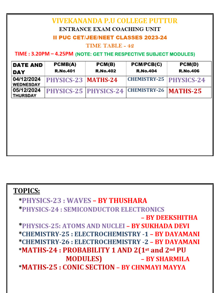 Time Table 42 II Pu 2024-25 | PDF