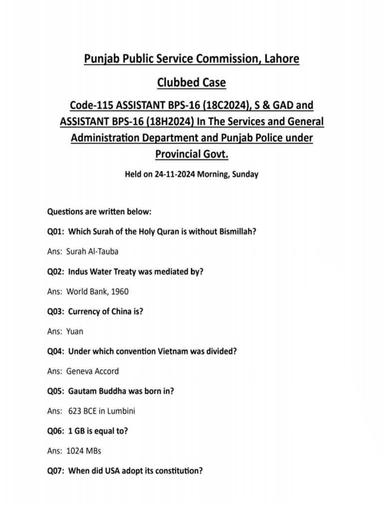 Today's PPSC Assistant Clubbed Solved Paper 24-11-2024 | PDF