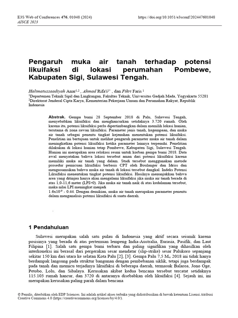 Groundwater Level Influence On Liquefaction Potential at Pombewe ...