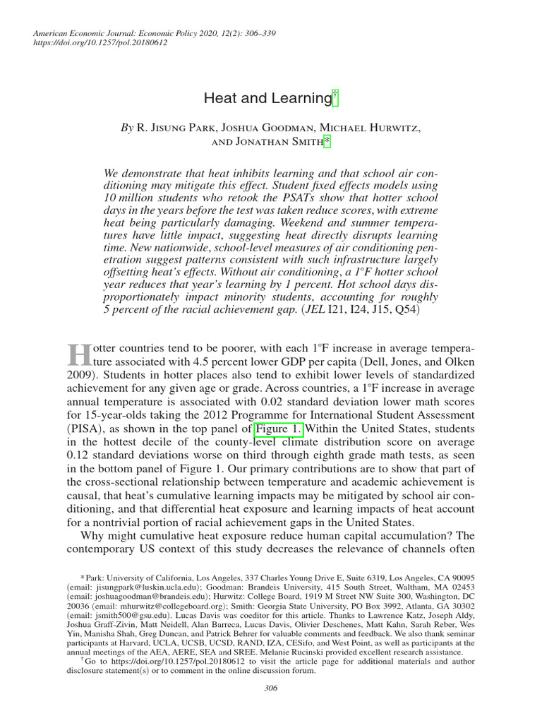 Heat and Learning: American Economic Journal: Economic Policy 2020, 12 (2) : 306-339 | PDF | Sat ...