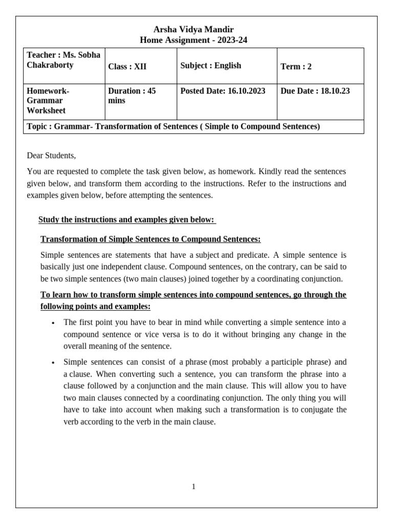 Transforming Simple to Compound Sentences | PDF | Sentence (Linguistics ...