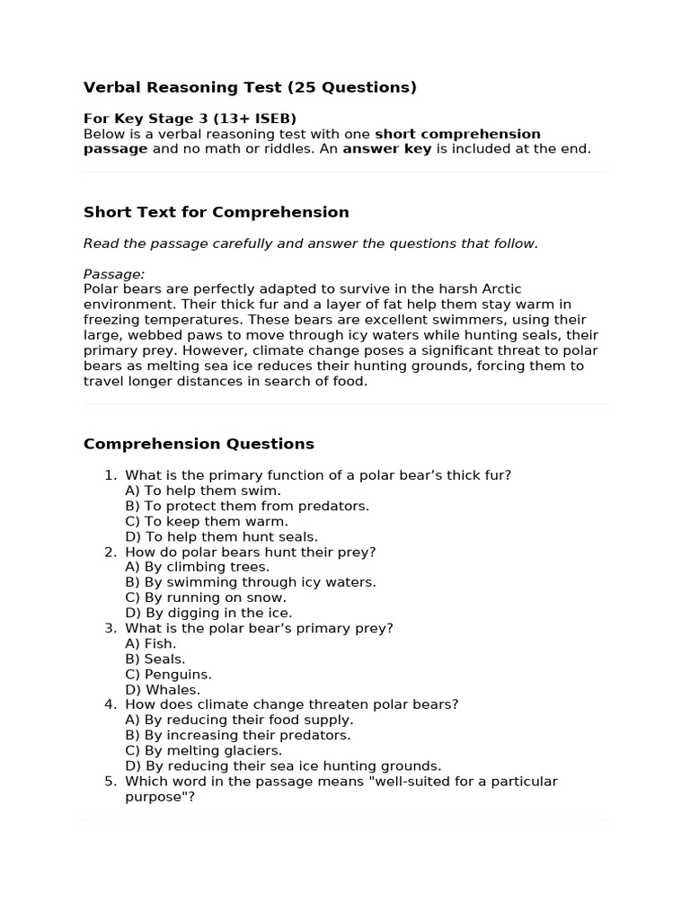 Verbal Reasoning Test | PDF | Polar Bear | Bears