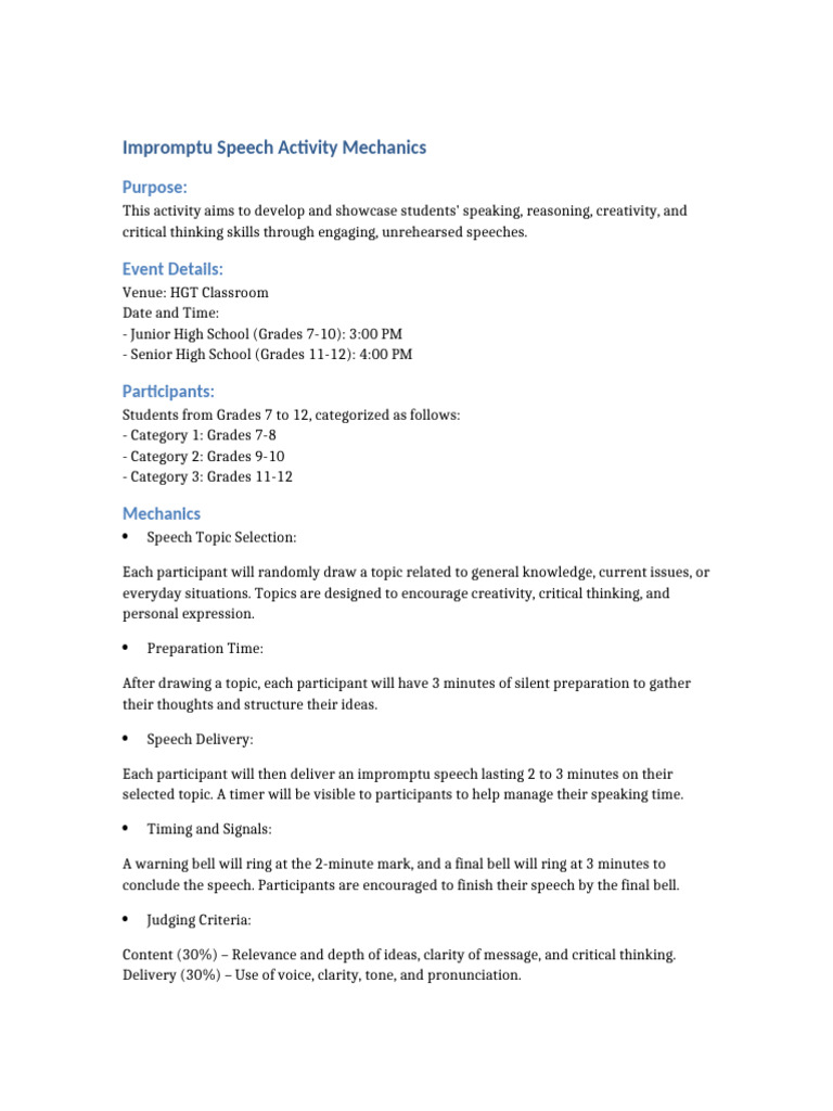 Student Impromptu Speech Event | PDF